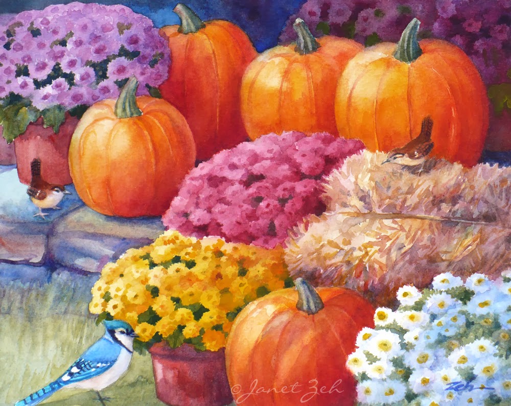 Janet Zeh Original Art Watercolor and Oil Paintings: Pumpkins Birds ...