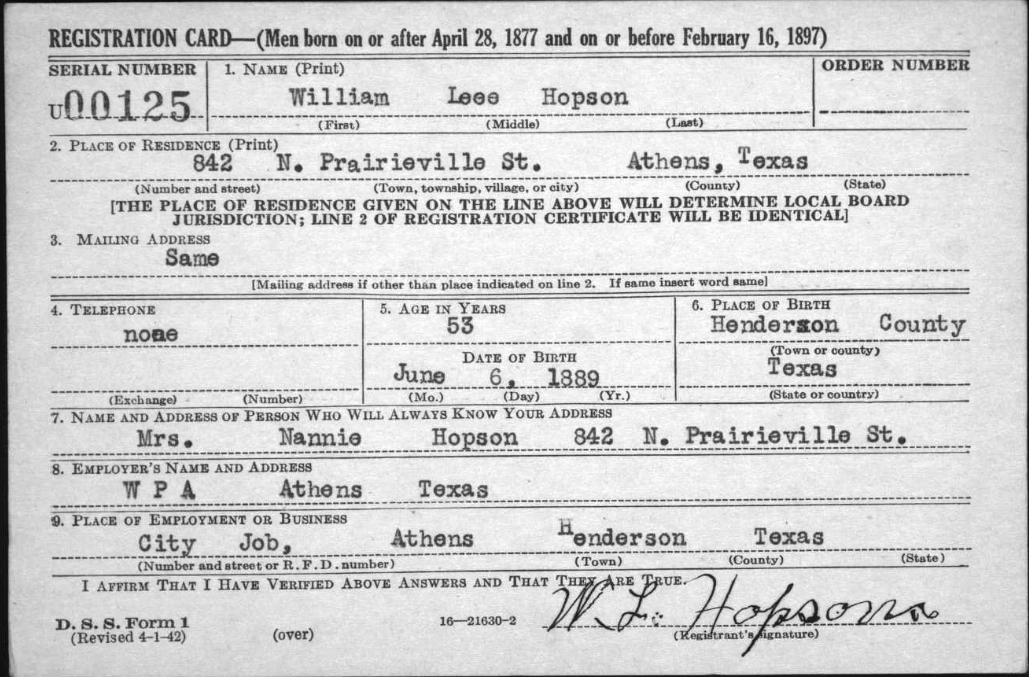 East Texas Genealogy: William Lee Hopson World War II draft card