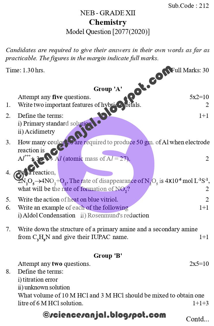 Chemistry | Grade 12-XII | Model Question Paper | 2077-2020 | Subject ...