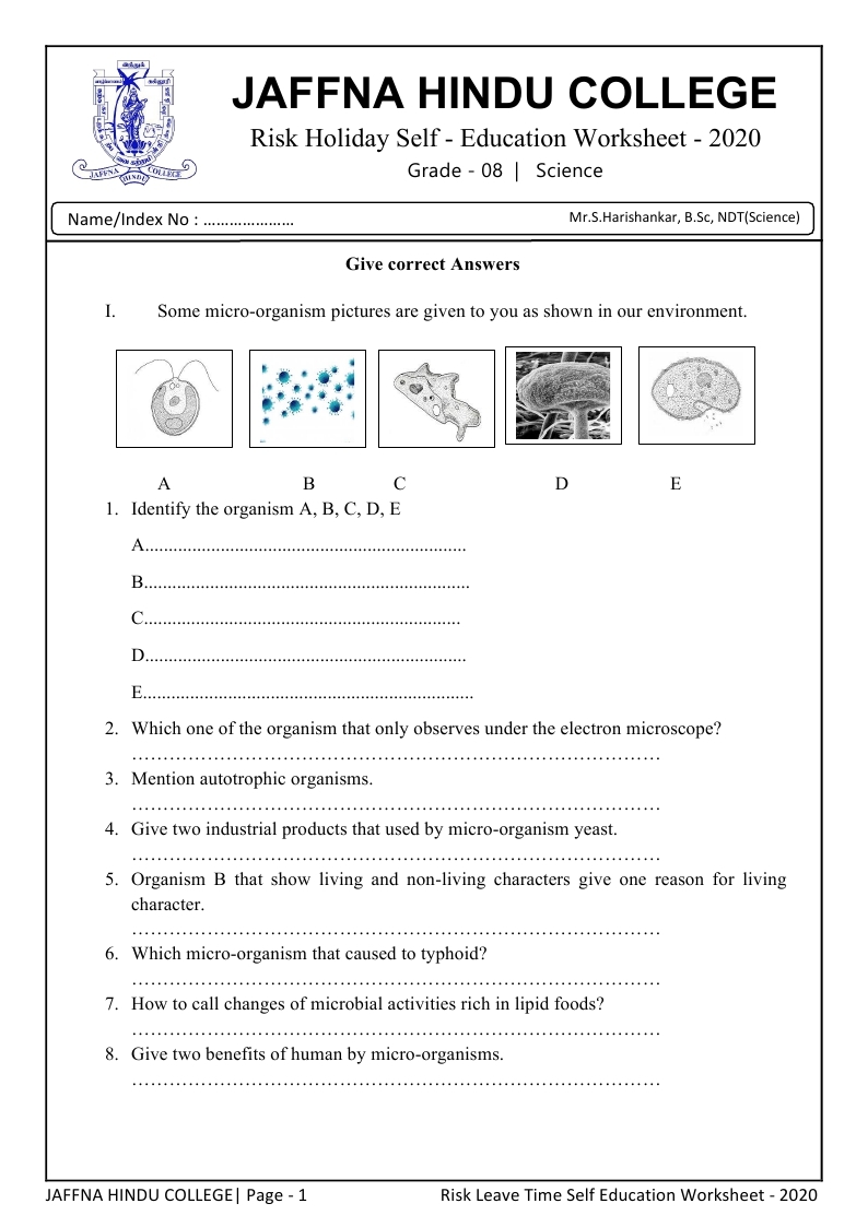 Grade 8_Science_2020_COVID 19 Task Work Sheet_J/Jaffna Hindu College ...