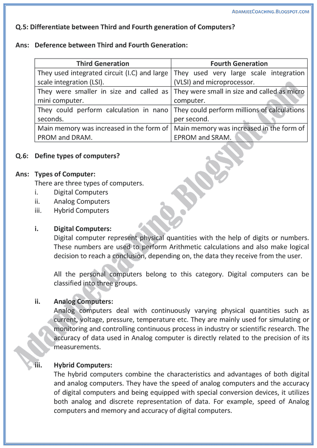 Adamjee Coaching: Introduction to Computer - Descriptive Question ...