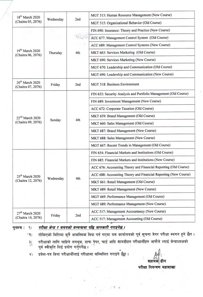 TU publishes exam routine for MBS 4th Semester