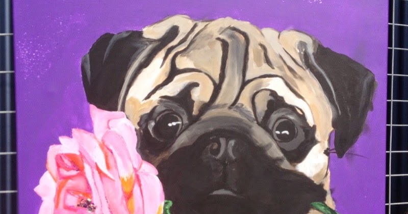 Esther Smit Art: FLOWER POWER PUG Expressief Realistisch 90 x 90 cm