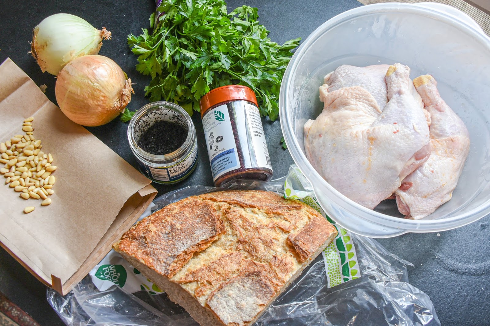 Musakhan inspired chicken, sumac, and Urfa bread pudding