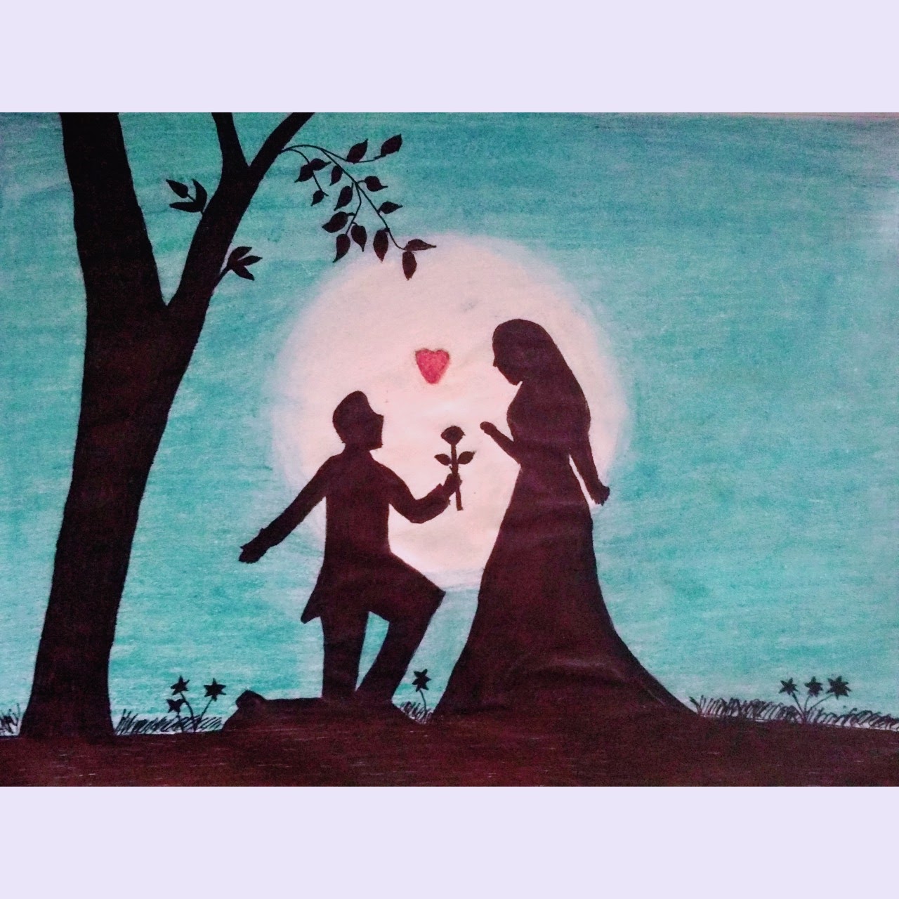 Pencil Sketch of Romantic Night Love Proposing Scene