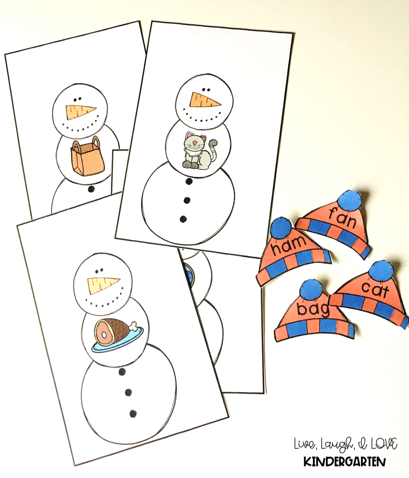 The objective is to match the snowman with the CVC picture to the hat's ...