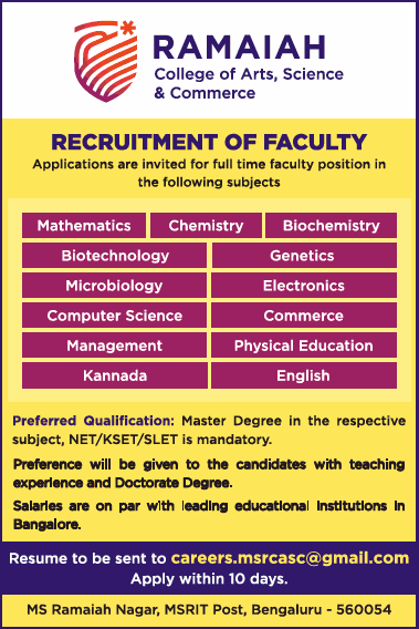 Ramaiah College Of Arts, Science & Commerce Bengaluru, Karnataka Wanted Faculty - Faculty Teachers