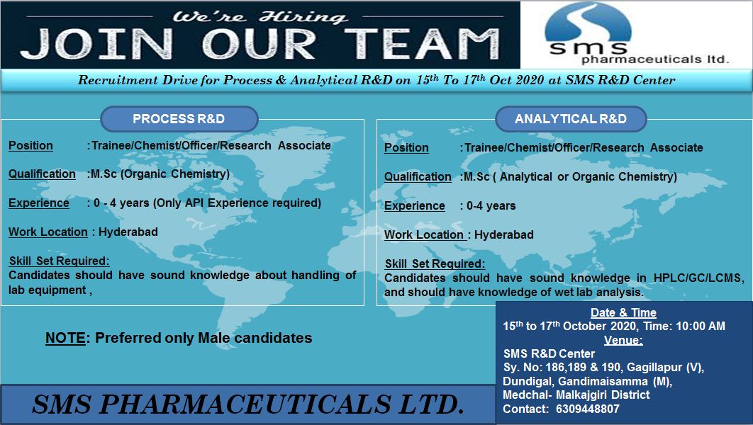 SMS Pharmaceuticals | Walk-in interview for R&D at Hyderabad on 15 to ...