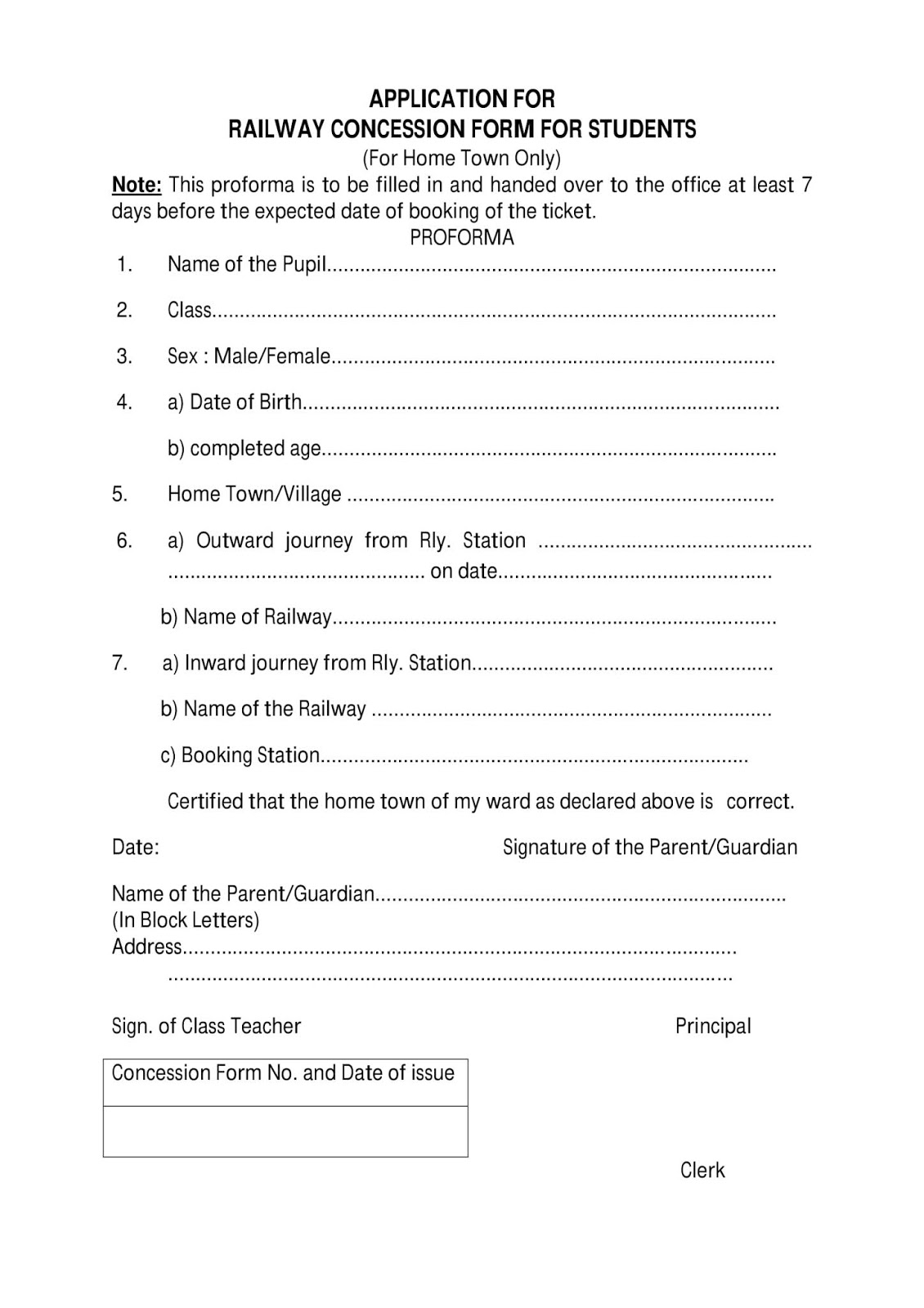 Forms19: Railway student Concession Pass Form