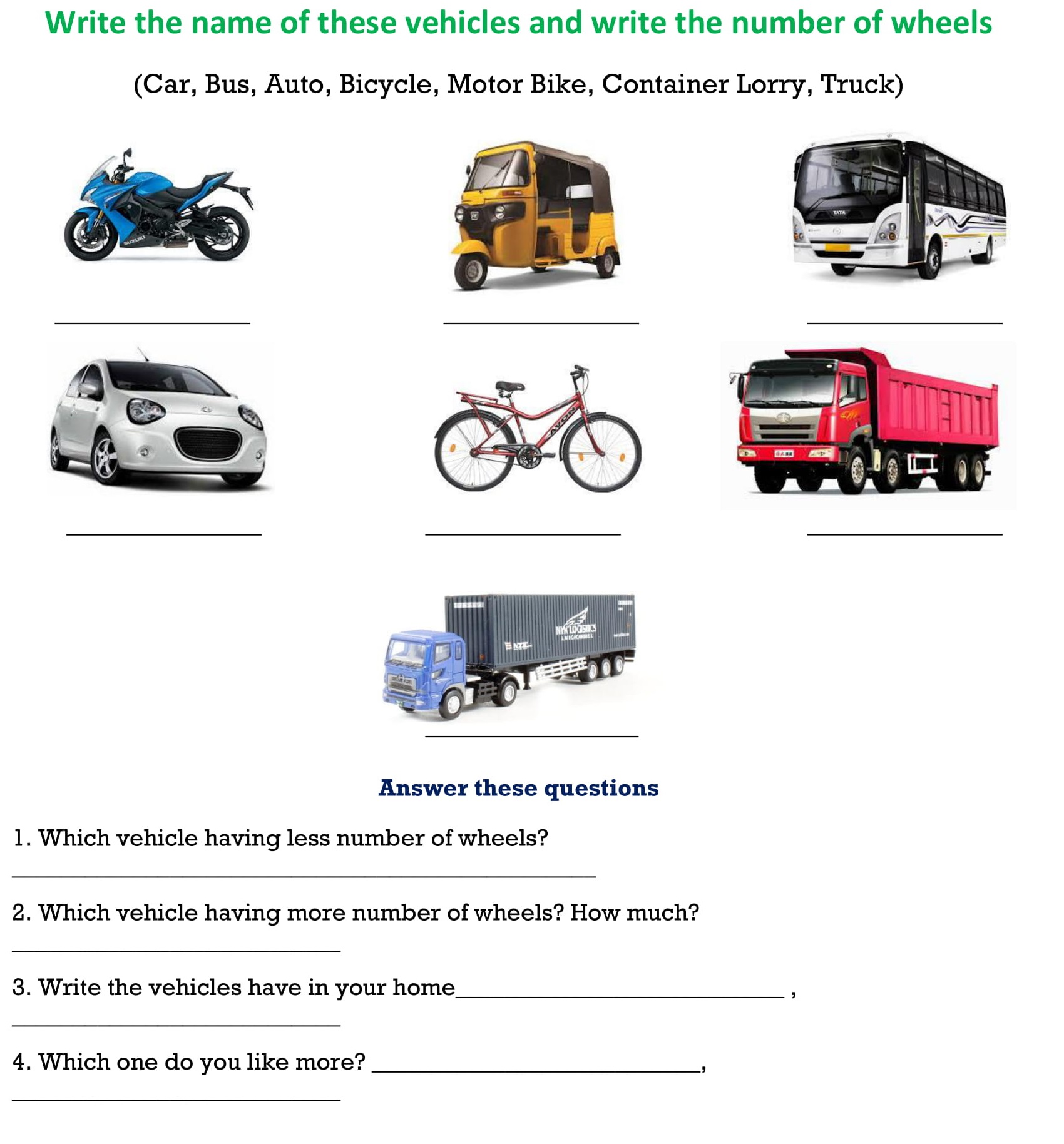 worksheets: Write The Name Of The Vehicles