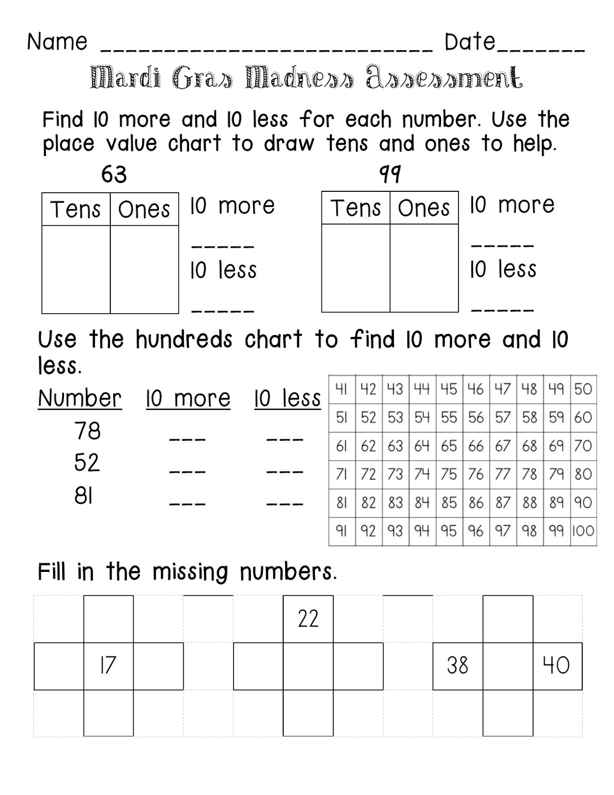 Mardi Gras Madness!!!!!!! Math mini unit on Ten More and Ten Less ...