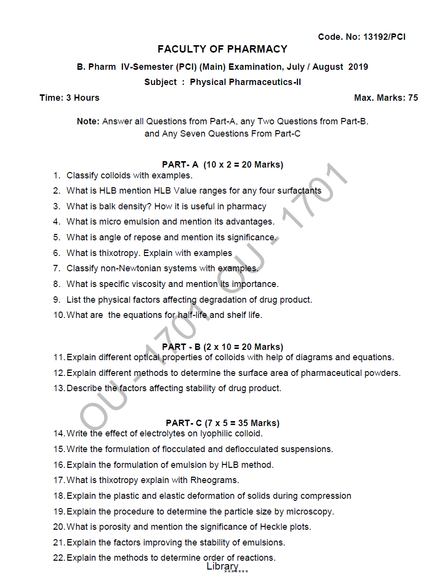 Osmania University B. Pharmacy IV-Semester (PCI) (Main) : Subject ...