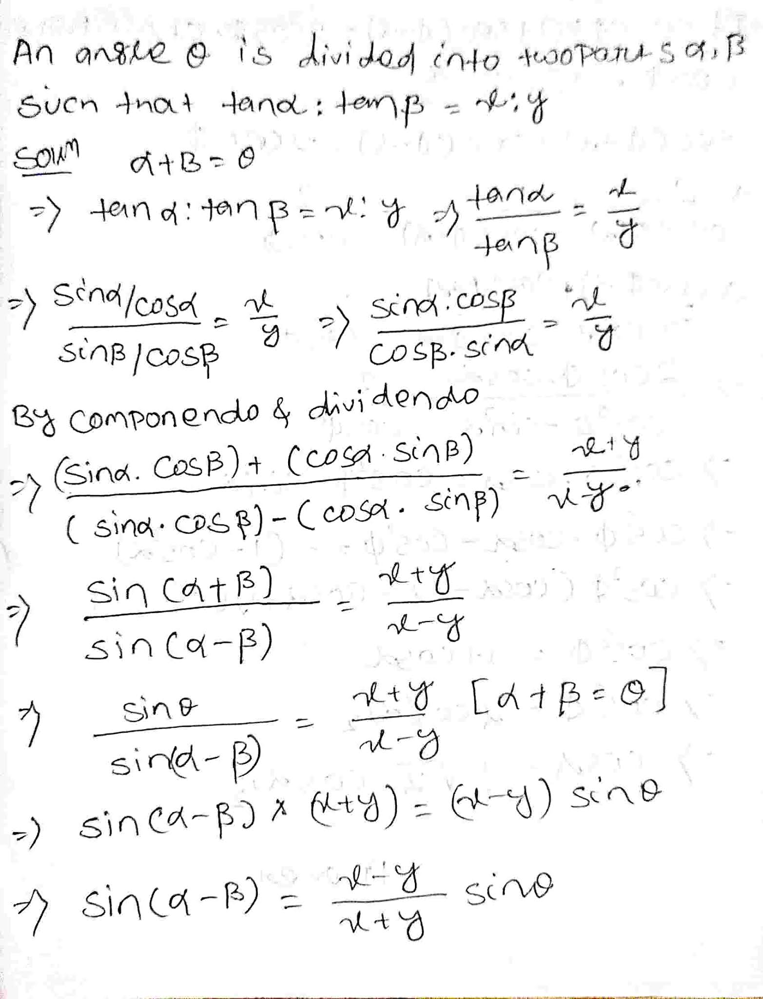 An angle θ is divide into two parts α,β such that tanα:tanβ=x:y then ...