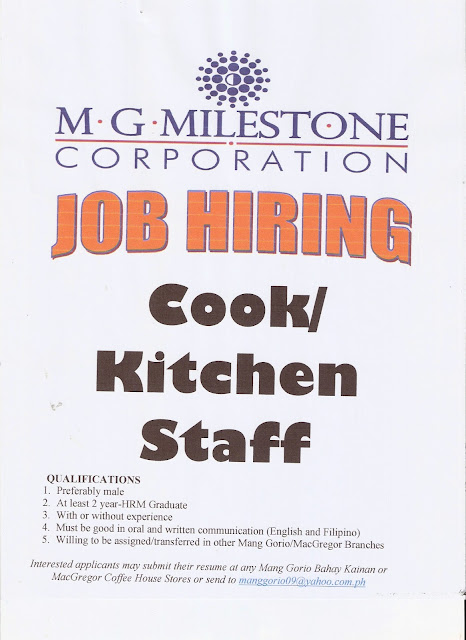 Jobs Corner: JOB Hiring - Cook / Kitchen Staff