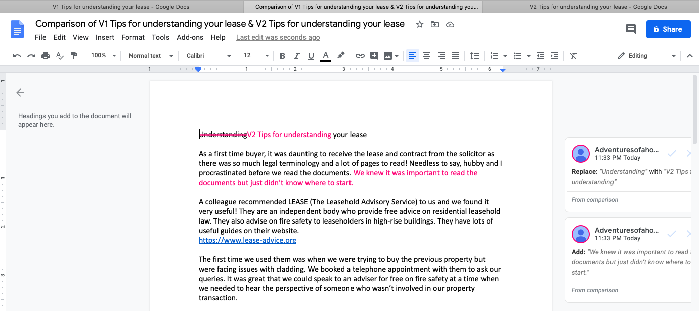 How to compare documents using Google Docs
