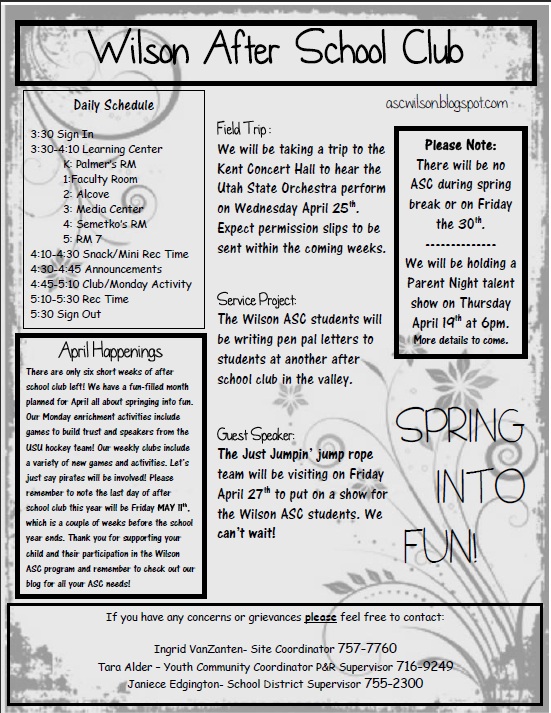 Wilson After School Club: April Calendar & Newsletter