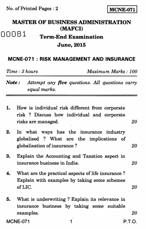 IGNOU MCNE-071 Risk Management and Insurance June 2015 Question Paper ...