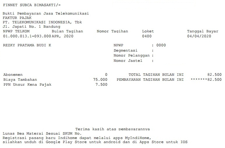 Pembayaran Indihome Bulan Pertama - Rezky Pratama Blog