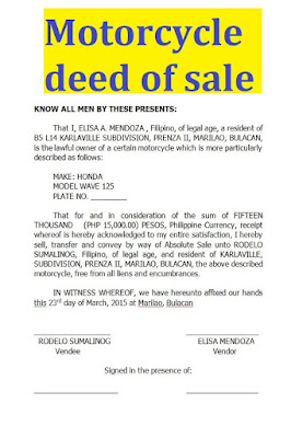 Motorcycle deed of sale sample doc | Sample contracts