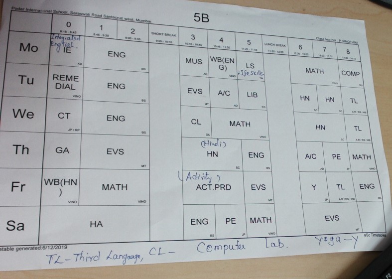 Class 5B Time Table 15/6/19