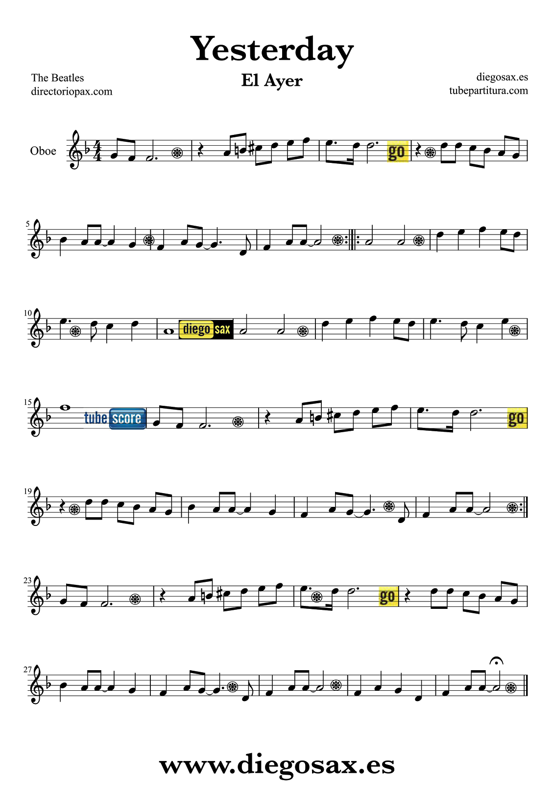 diegosax: Yesterday by The Beatles Partitura para Flauta, Saxo, Violín ...