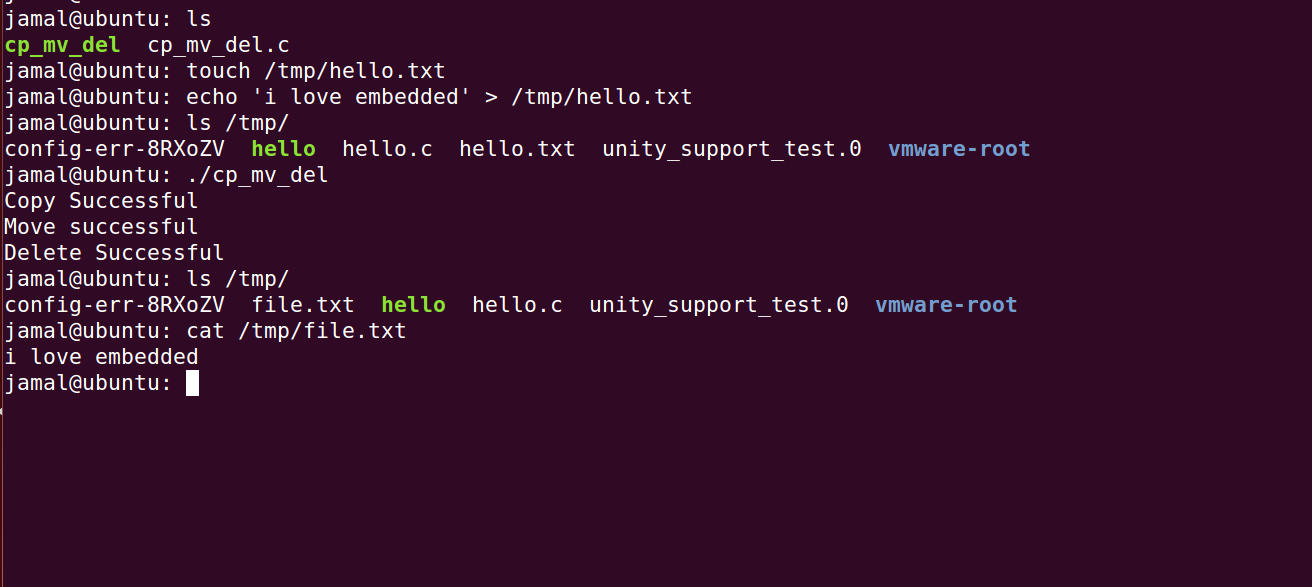 Implement Copy, move and delete a file in Linux- rename, unlink