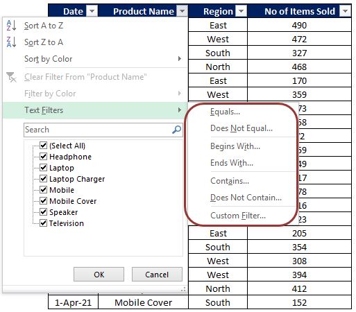 Text Filter in Excel