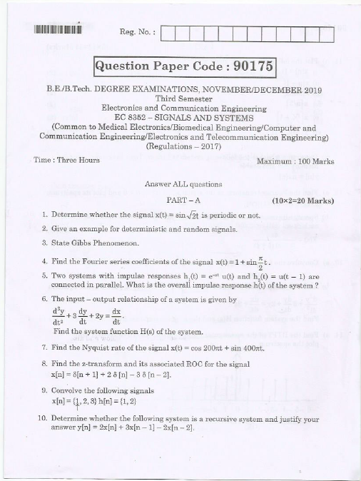 Anna University EC 8352 - SIGNALS AND SYSTEMS NOVEMBER/DECEMBER 2019 ...