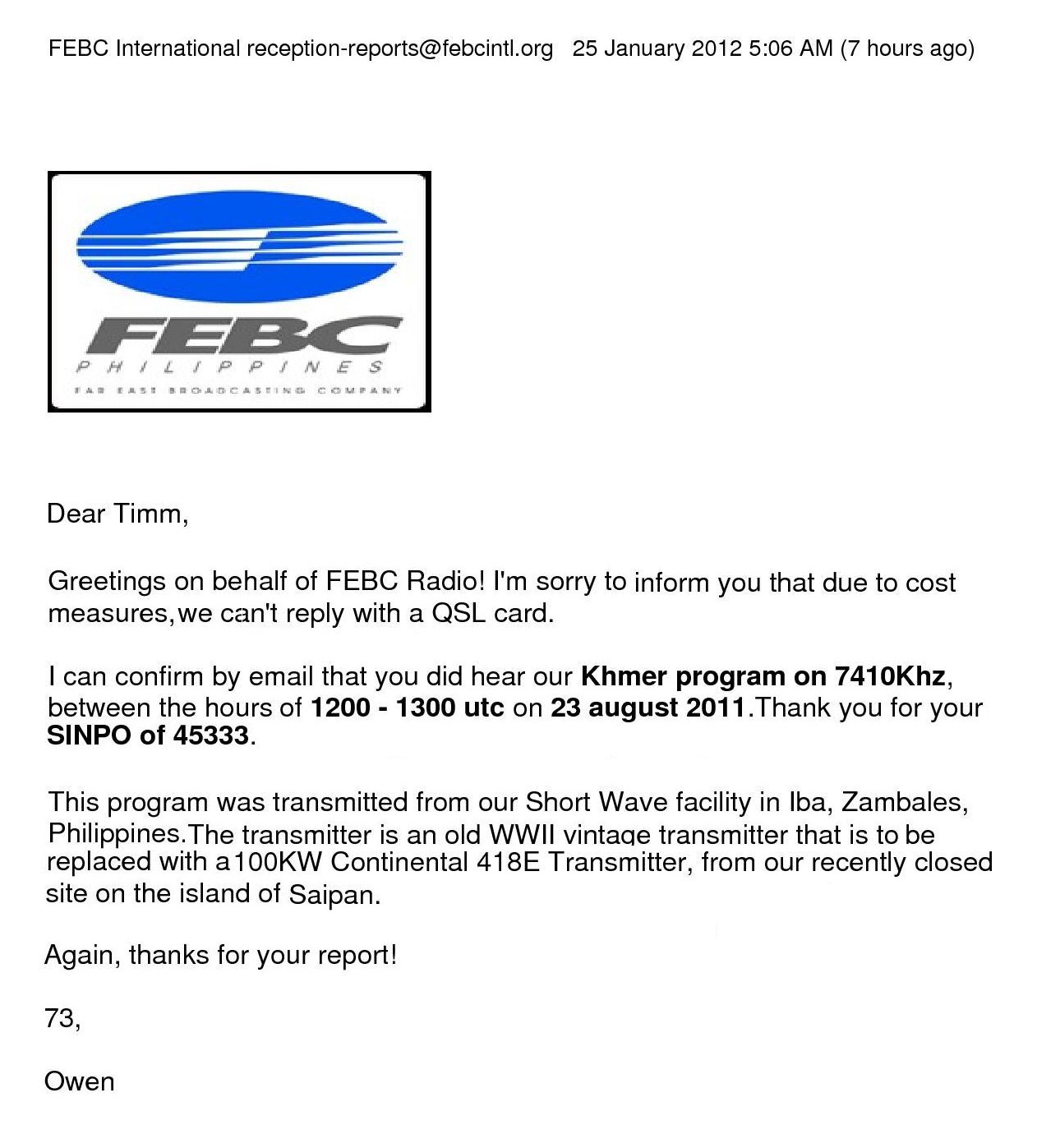 SOUTH EAST ASIA DXING: FEBC (via Iba, Zambales, Philippines)