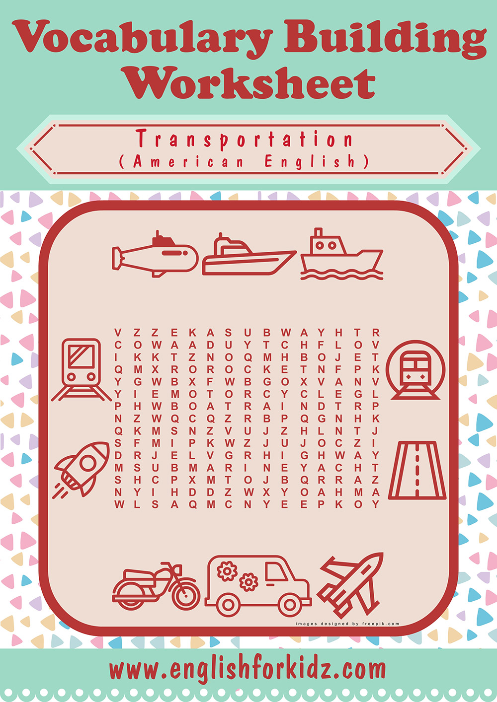Transportation Worksheets: Word Search
