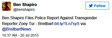 Ben Shapiro Files Battery Charges Against Transgender Reporter Zoey Tur ...