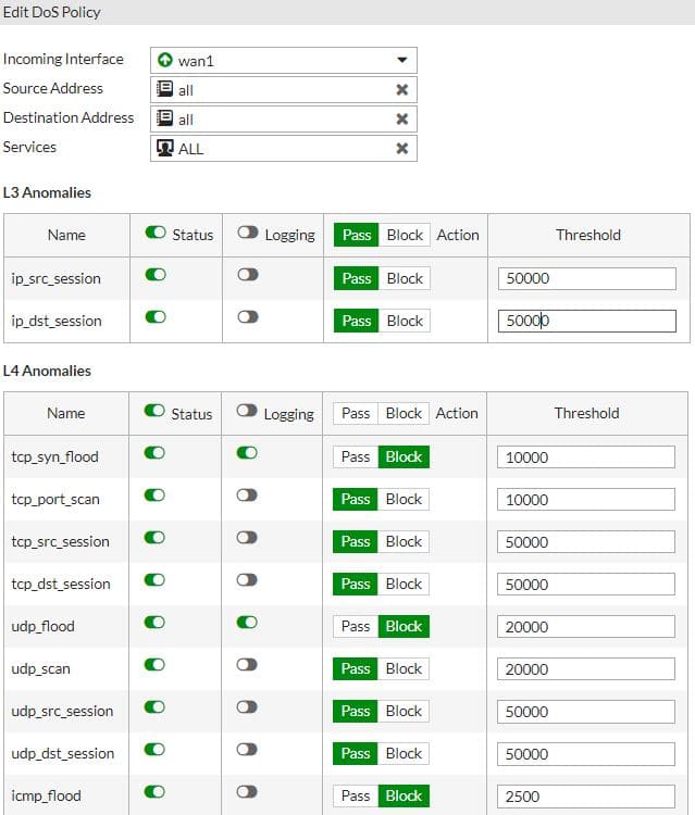 Fortigate DOS ve DDOS Policy
