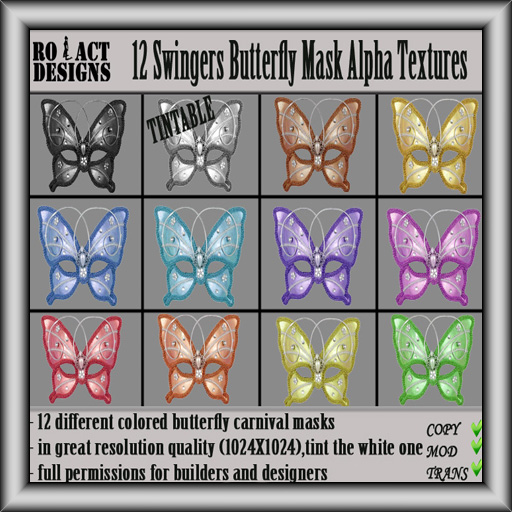 Ro!Act Designs: Ro!Act Designs 12 Swinger's Butterfly Masks Alpha Textures