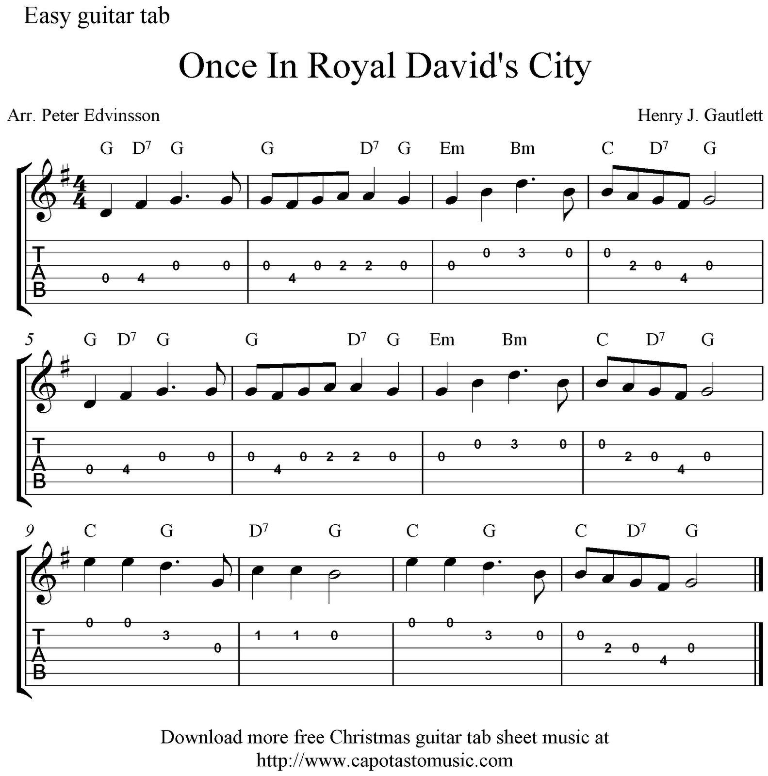 Free easy Christmas guitar tab sheet music, Once In Royal David's City