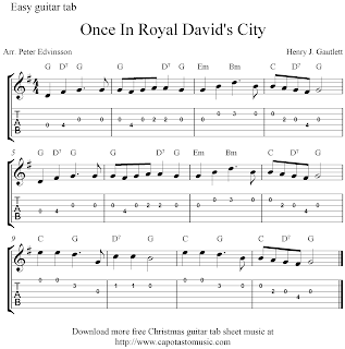 Free easy Christmas guitar tab sheet music, Once In Royal David's City