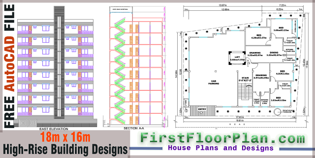 Nine storied Residential Building Plans, Elevation and Section AutoCAD ...