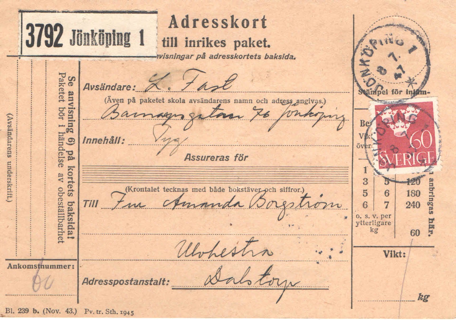 Swedish Definitive Stamps - 1937 to 1973: One kilo - single stamp