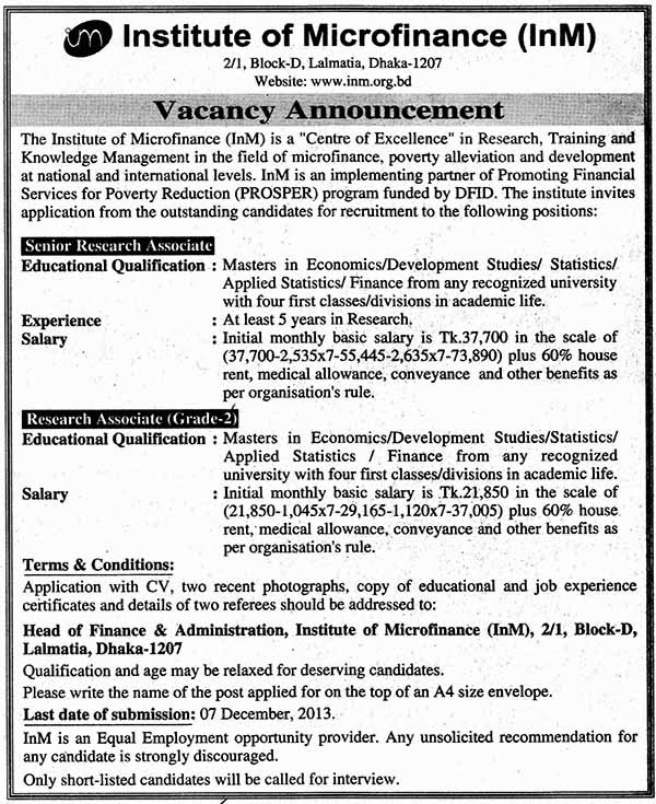 Jobs Barta: Institute of Microfinance Jobs Circular, Post: Sr Research ...