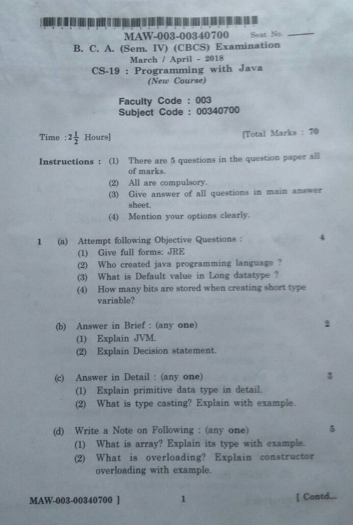 BCA Semester 4 CBCS New March 2018 Java Paper