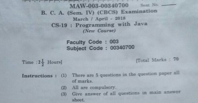 BCA Semester 4 CBCS New March 2018 Java Paper