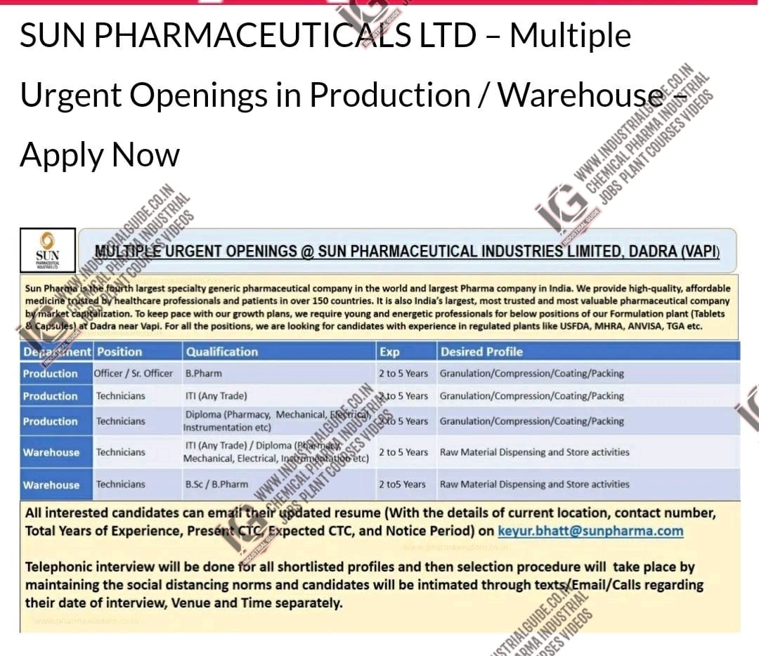 SUN Pharmaceuticals Vapi Jobs for Production Warehouse apply now