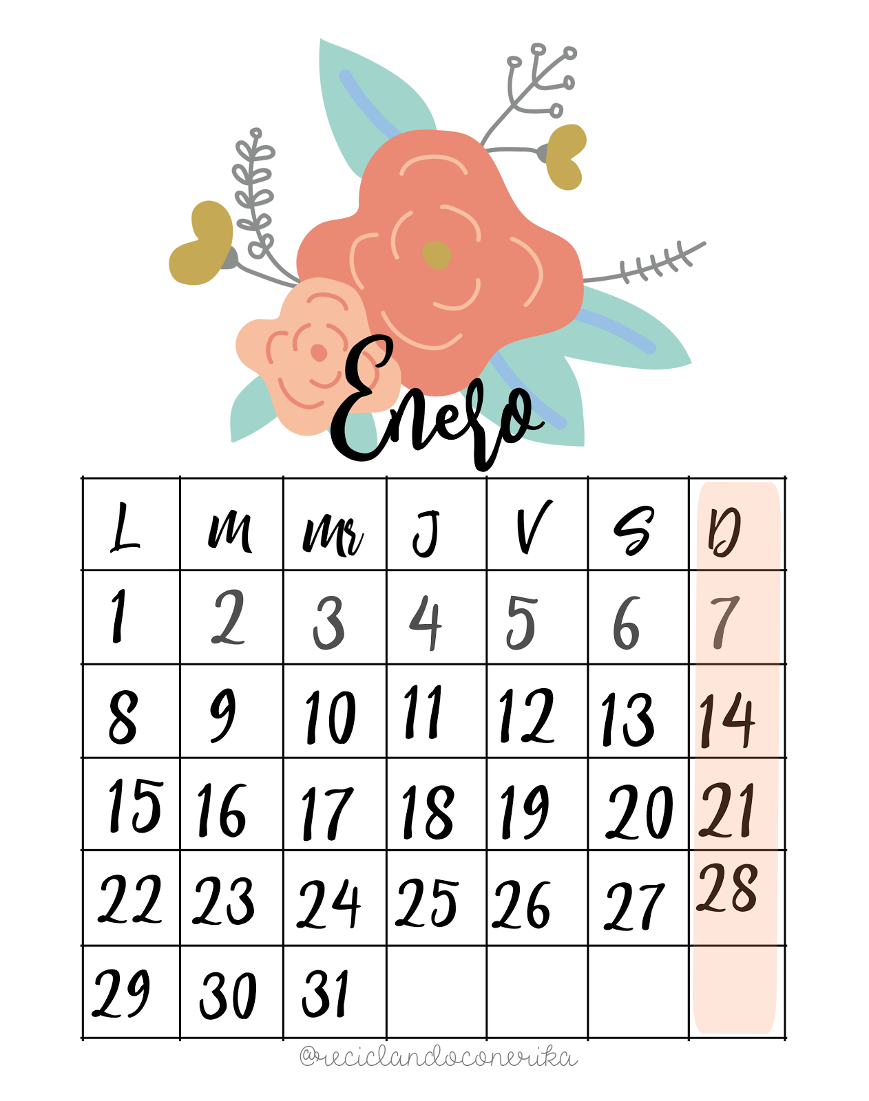 Reciclando con Erika : 5 calendarios de Enero 2018, descarga gratuita
