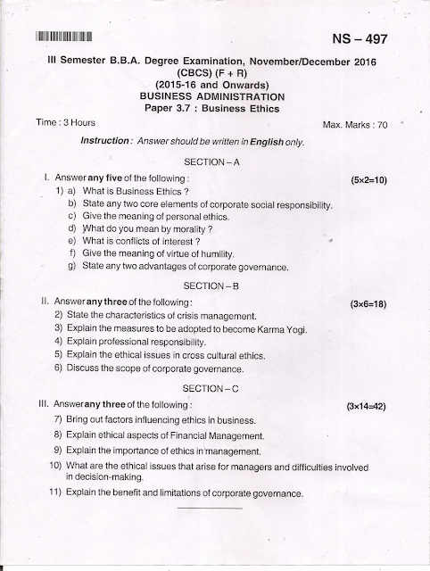 Bangalore University B.B.A. business administration paper 3.7 ...