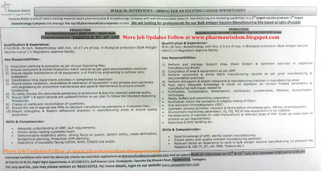 Panacea Biotec - Walk-In Interviews on 15th & 16th July, 2017 @ HYDERABAD - PHARMA WISDOM
