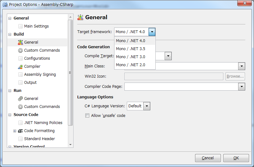 [Unity]Monodevelopの.NET Frameworkのバージョンを設定する