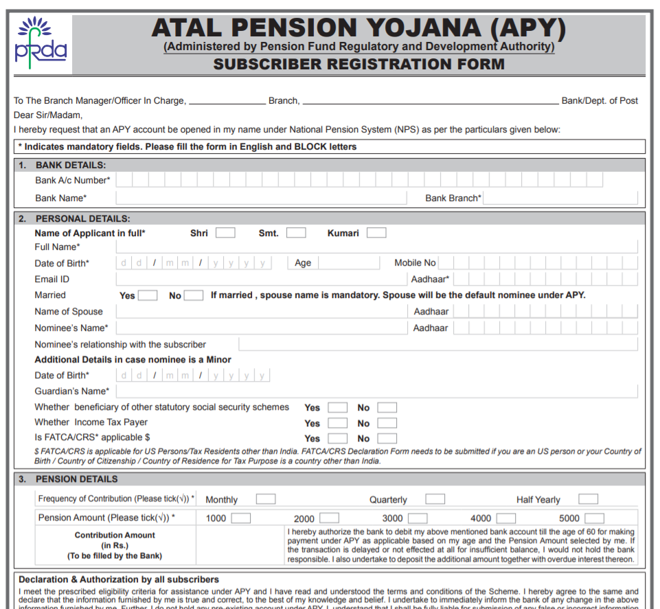 Atal Pension Yojana (APY) 2021 Form PDF Download at npscra.nsdl.co.in