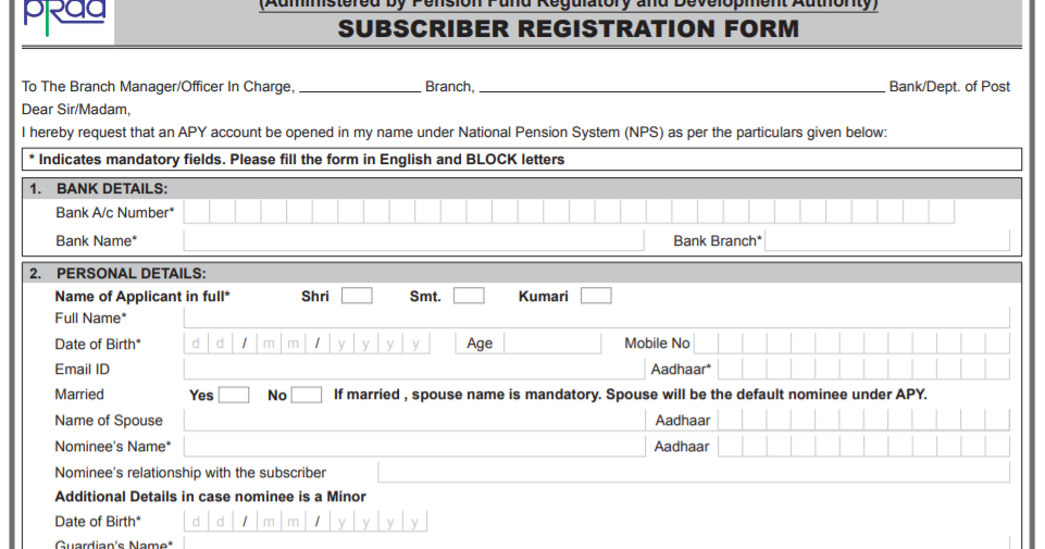 Atal Pension Yojana (APY) 2021 Form PDF Download at npscra.nsdl.co.in