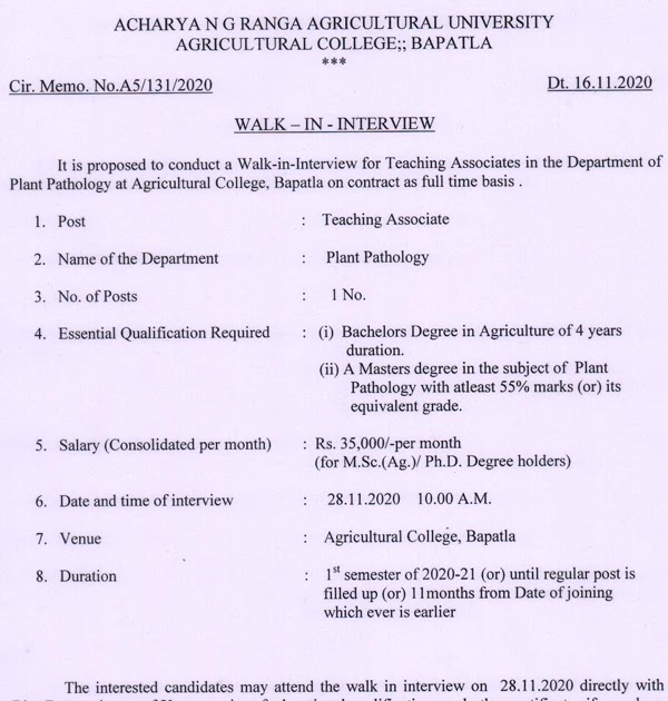 ANGRAU Plant Pathology Teachimg Associate Walk IN