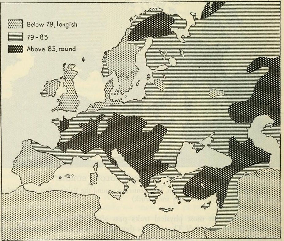ΦΥΛΕΤΙΚΑ: Χάρτης κεφαλικού δείκτη της Ευρώπης - Kroeber