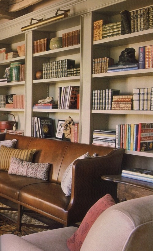 Library with Brown Leather Sofa | Content in a Cottage